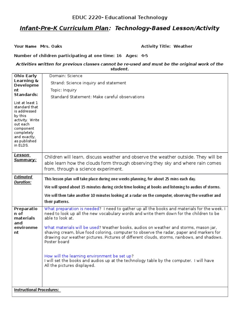 Ed Tech ECDE Activity Plan | PDF | Weather | Pedagogy
