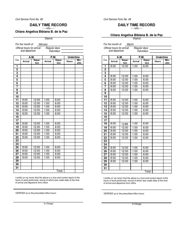 CSCForm48 DailyTimeRecord (DTR) | PDF | Teaching Mathematics