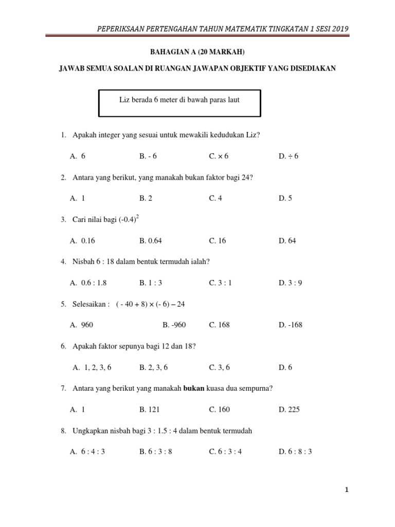Soalan Peperiksaan Matematik Tingkatan 1 Pertengahan Tahun 2019 | PDF