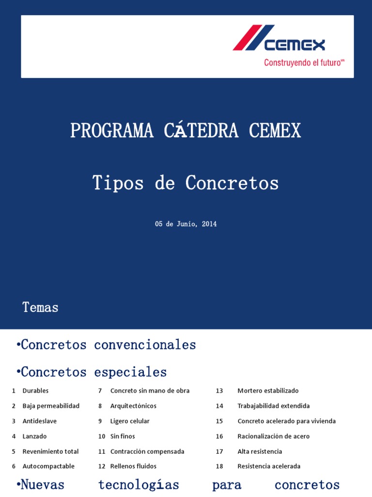 Catedra CEMEX - Tipos de Concretos PDF | Descargar gratis PDF | Hormigón | Cemento