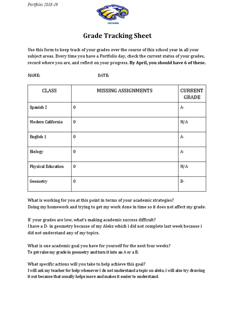 January Grade Tracking Sheet | PDF
