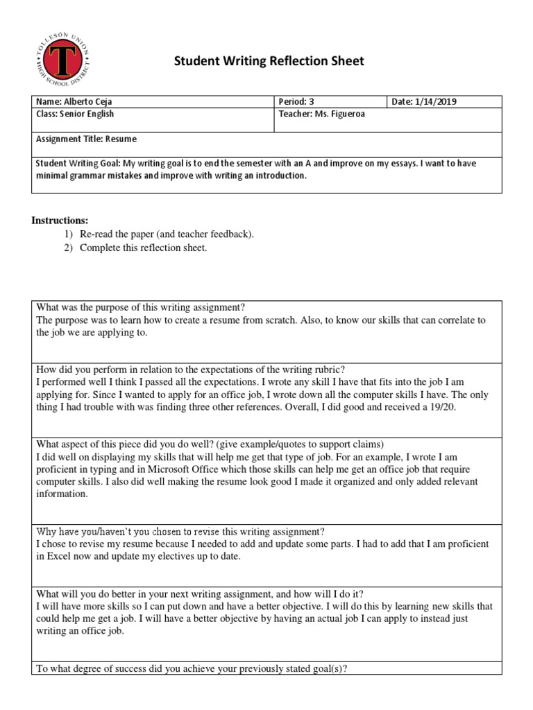 Resume Reflection Sheet | PDF