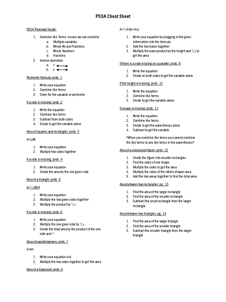 Pssa Cheat Sheet | PDF | Area | Algebra