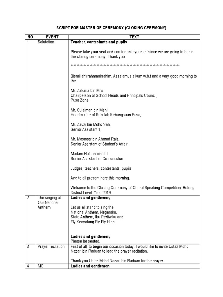 Closing Ceremony Script for Choral Competition | PDF