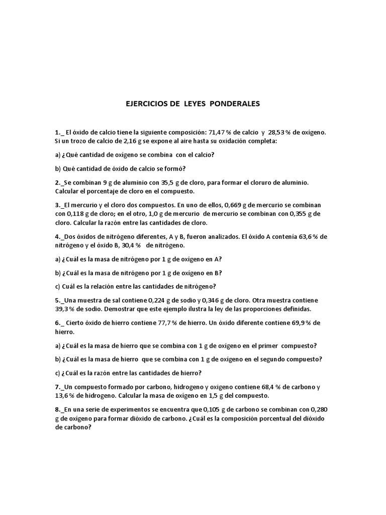 Ejercicios de Leyes Ponderales | PDF | Cloro | Oxígeno