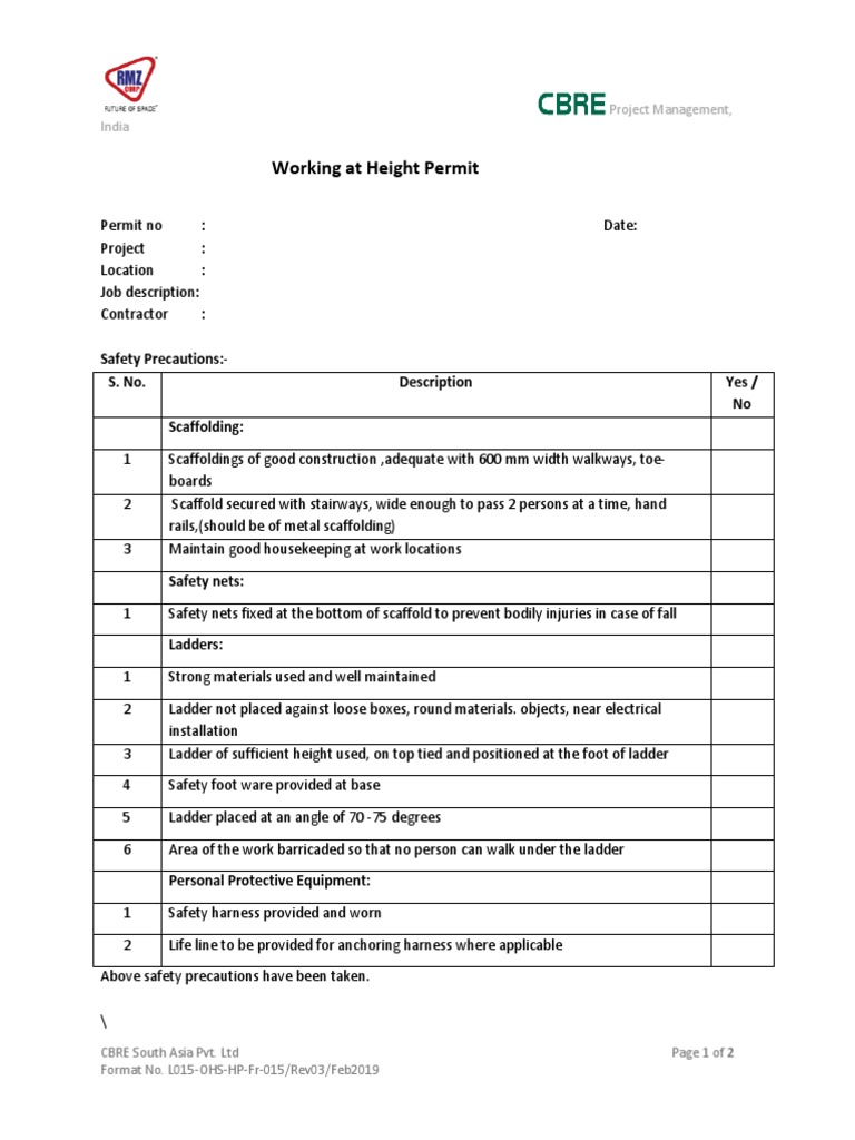 Working at Height Safety Permit Template | PDF | Scaffolding
