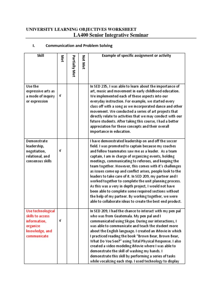 LA400 Senior Integrative Seminar: University Learning Objectives ...