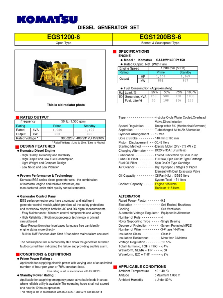 Specification Sheet for Komatsu SAA12V140 P1150 Diesel Generator Set ...