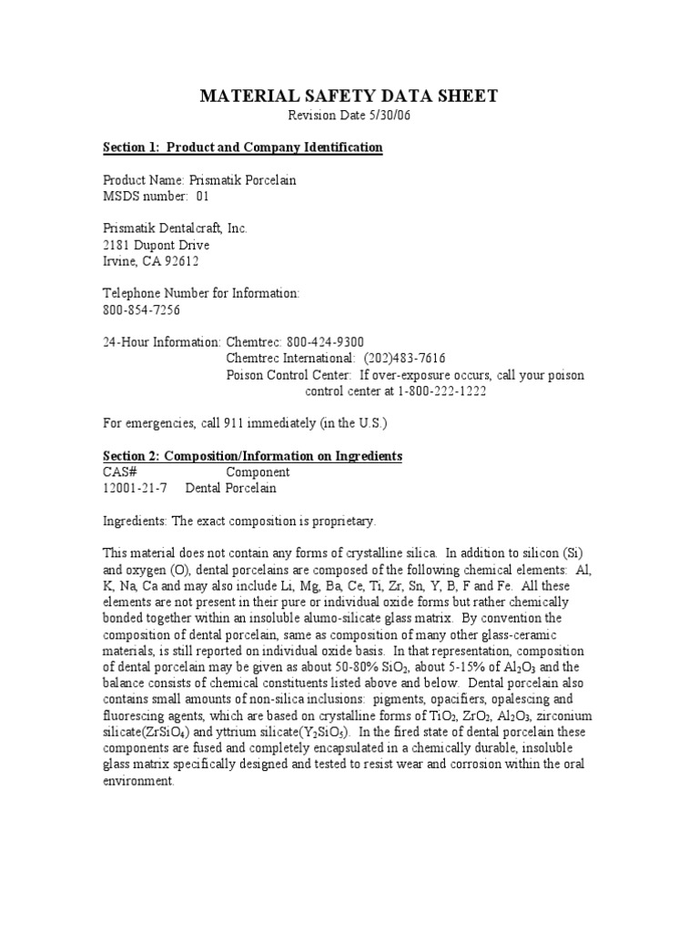 Msds Porcelain | PDF | Silicon Dioxide | Zirconium