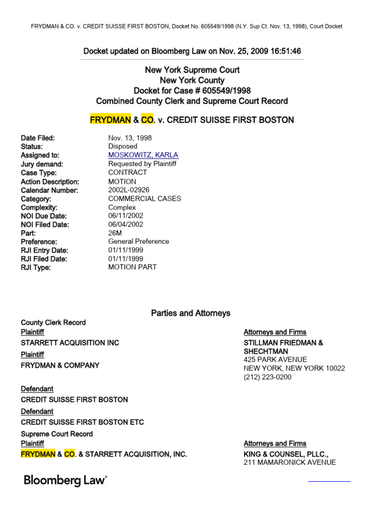 JACOB FRYDMAN & CO V CREDIT SUISSE FIRST BOSTON LAWSUIT | PDF | Lawsuit ...