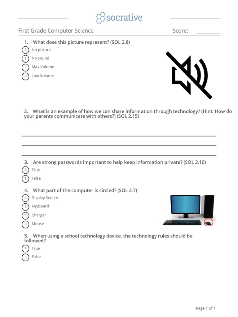 First Grade Computer Science Score:: No Picture No Sound Max Volume Low ...