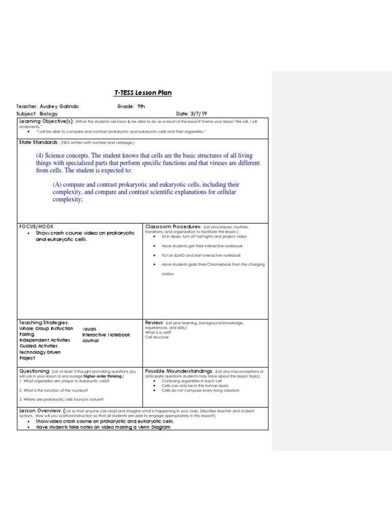 Audreygalindo-T-Tess Lesson Plan | PDF | Prokaryote | Cell (Biology)