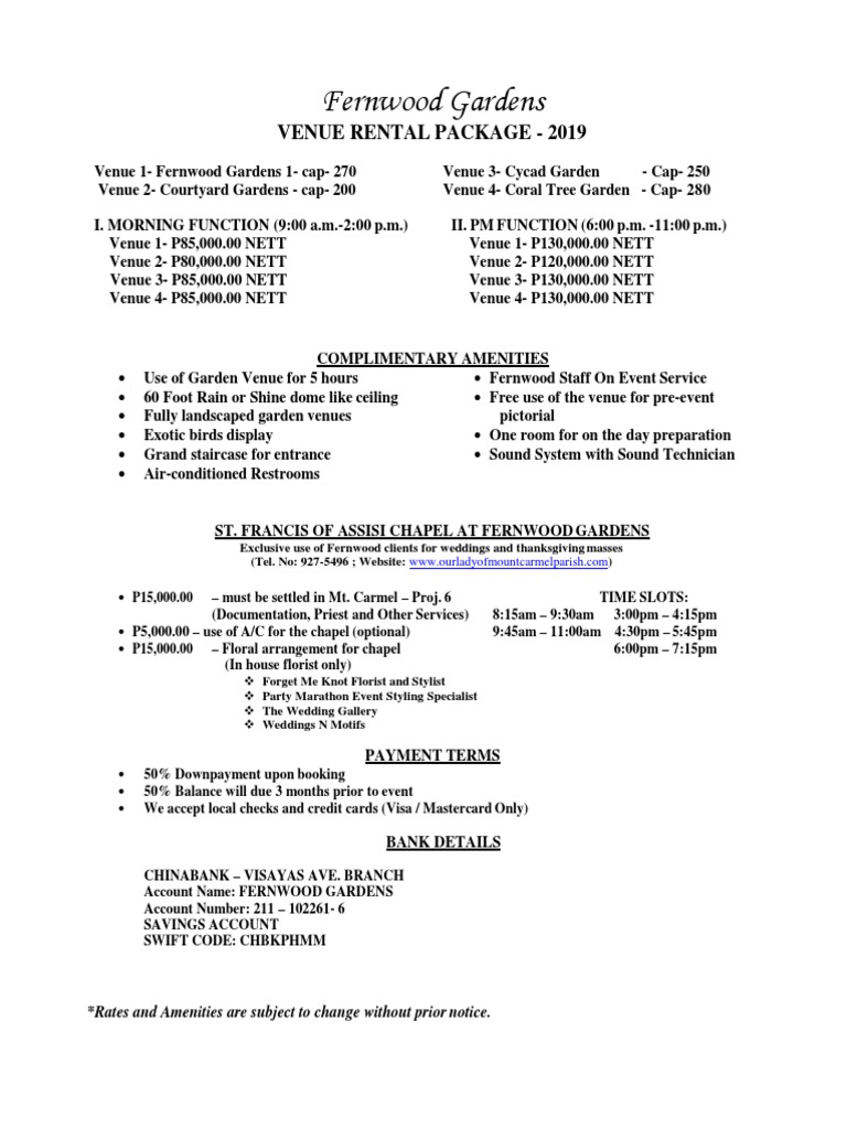 Fernwood Gardens Venue Rental Quotation 2019 | PDF | Business | Nature