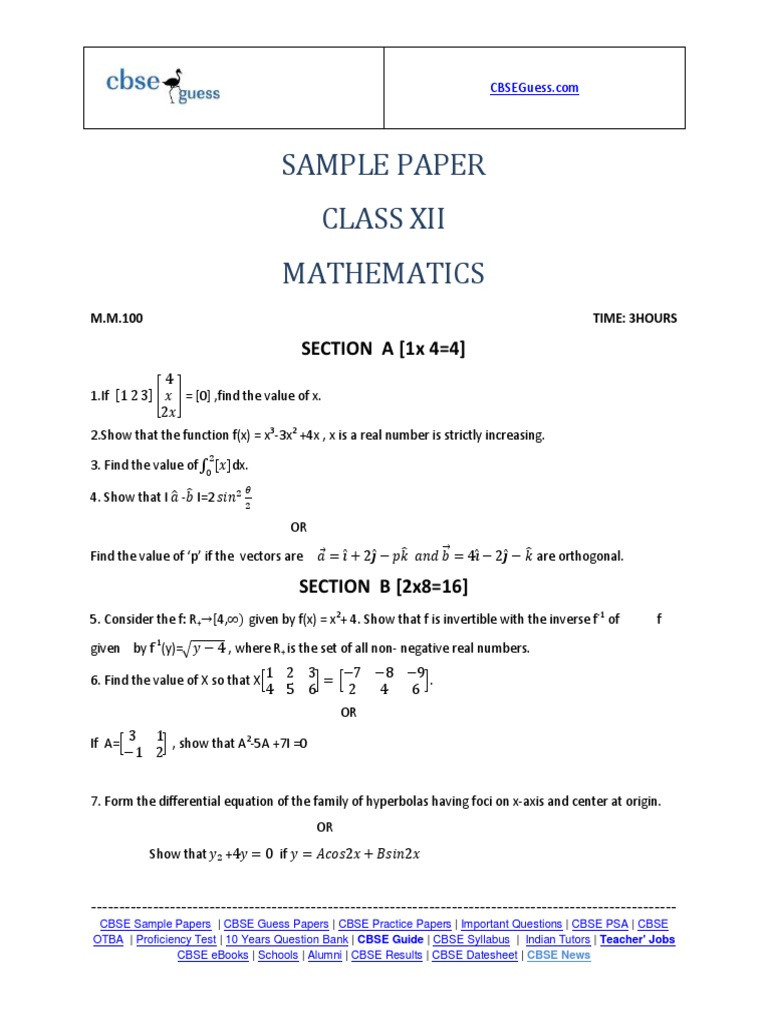 Sample Paper Class Xii Mathematics: SECTION A (1x 4 4) | PDF | Volume ...