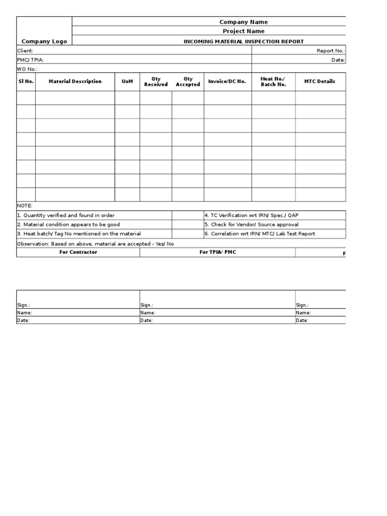 Company Name Project Name: Incoming Material Inspection Report | PDF