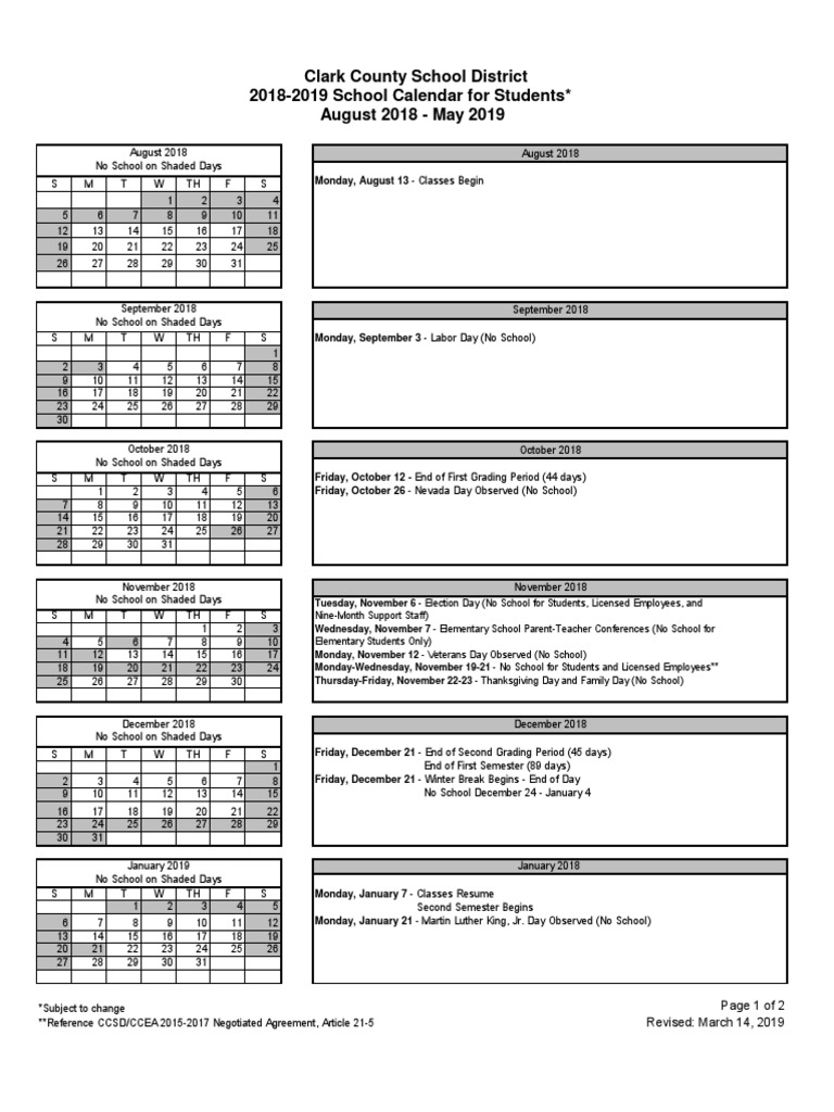2018 2019 School Calendar Students Rev 031419 v2 | PDF | Academic Term ...