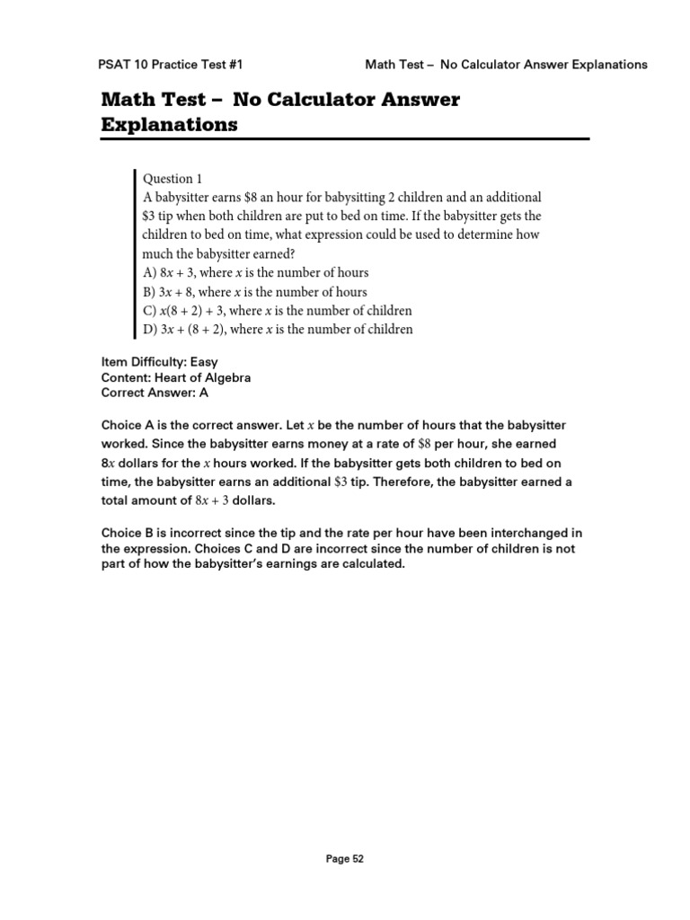 PSAT 10 Math Test 1 Explanations | PDF | Quadratic Equation | Equations