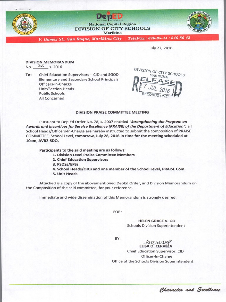 Memo No. 256, S. 2016 Division Praise Committee Meeting | PDF