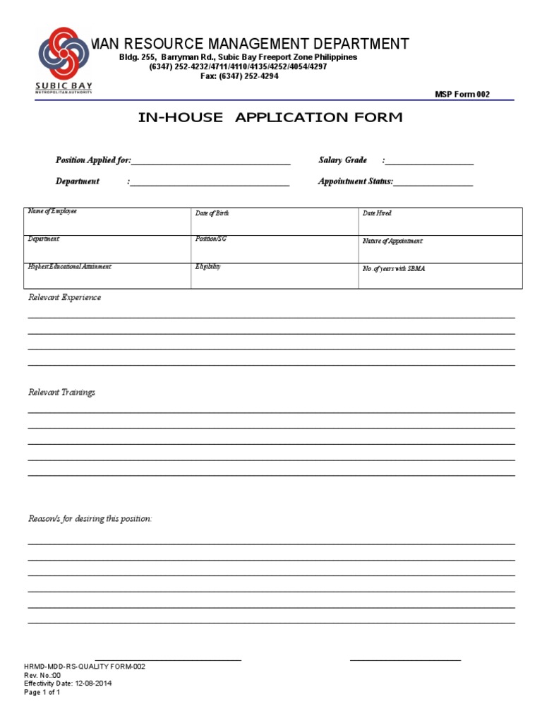In-House Application Form for MSP Position | PDF | Employment | Business