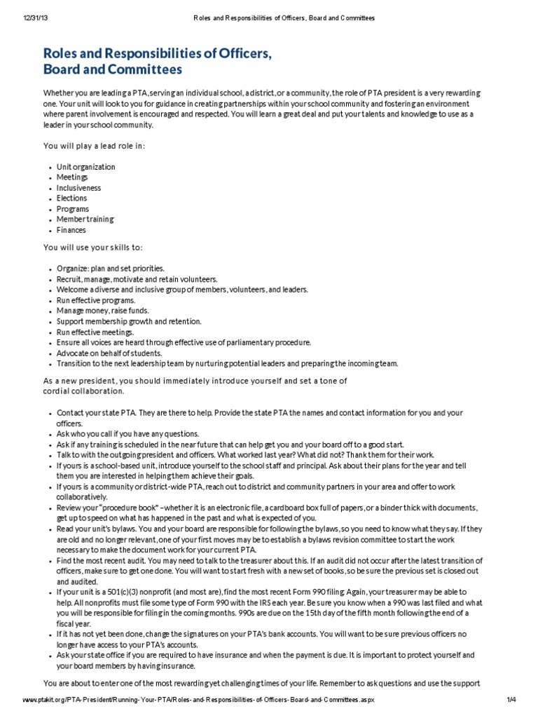 Key Responsibilities of PTA Officers, Board Members and Committees in ...