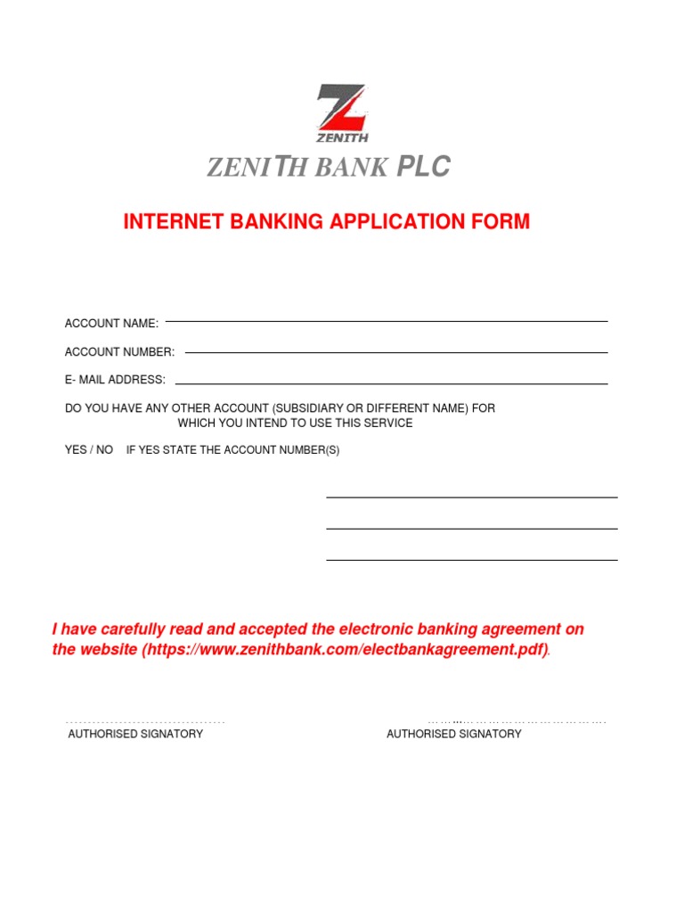 Internet Banking Form Zenith Bank Nigeria | PDF