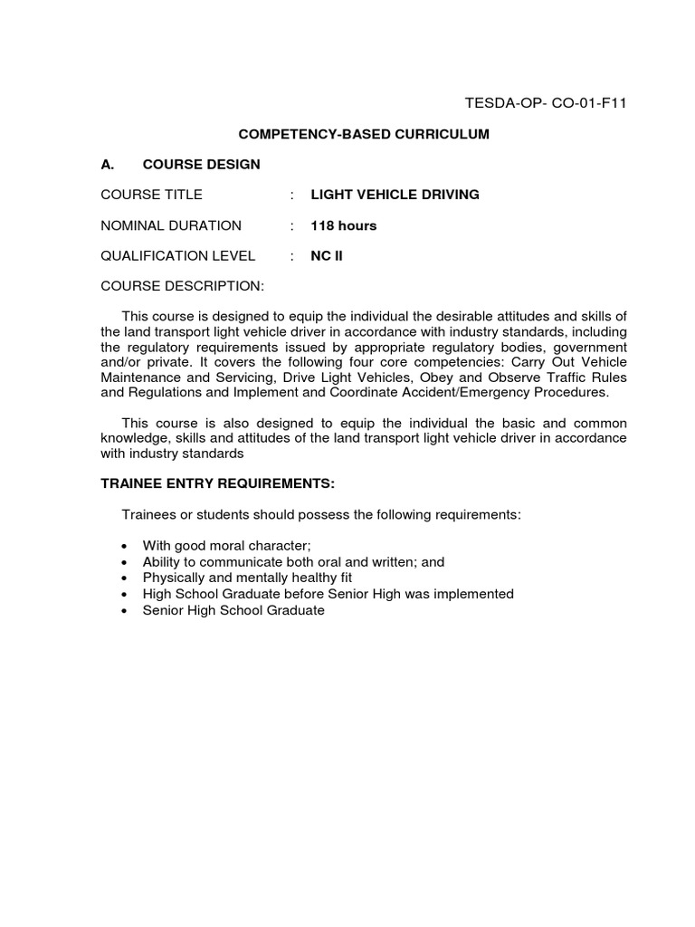 Competency-Base Curriculum Driving NC II | PDF | Occupational Safety ...