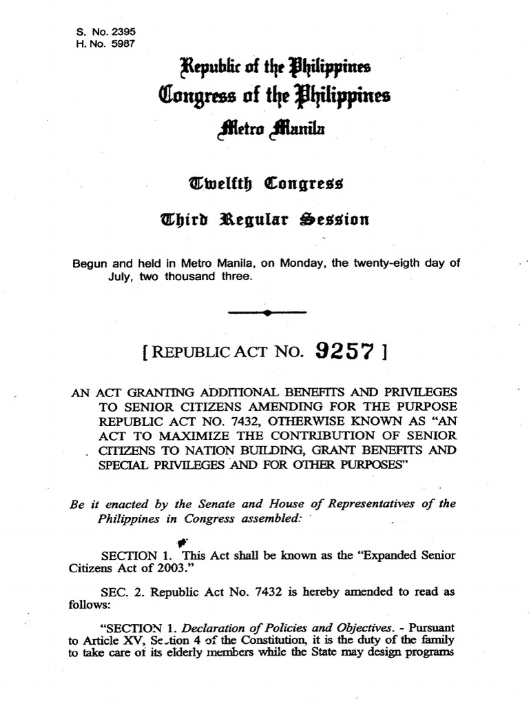 RA 9257 - Senior Citizen Benefits & Priviledges PDF | PDF
