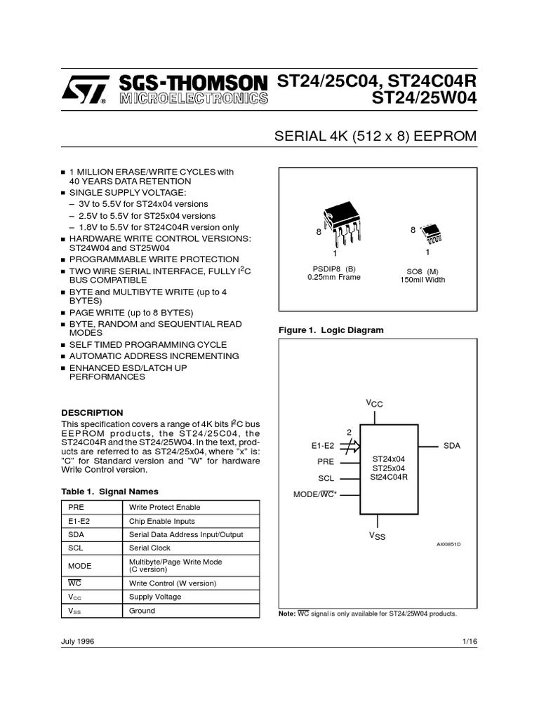 ST24/25C04, ST24C04R ST24/25W04: Serial 4K (512 X 8) Eeprom | PDF | Electronic Engineering ...