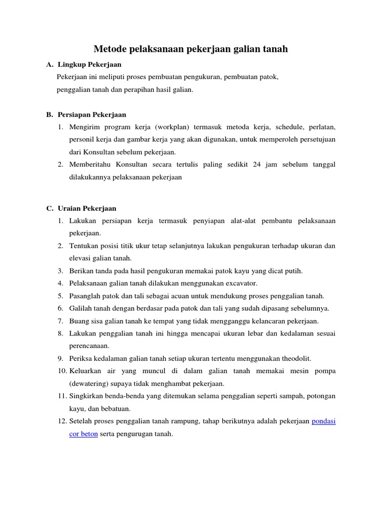 Metode Pelaksanaan Pekerjaan Galian Tanah Fix | PDF