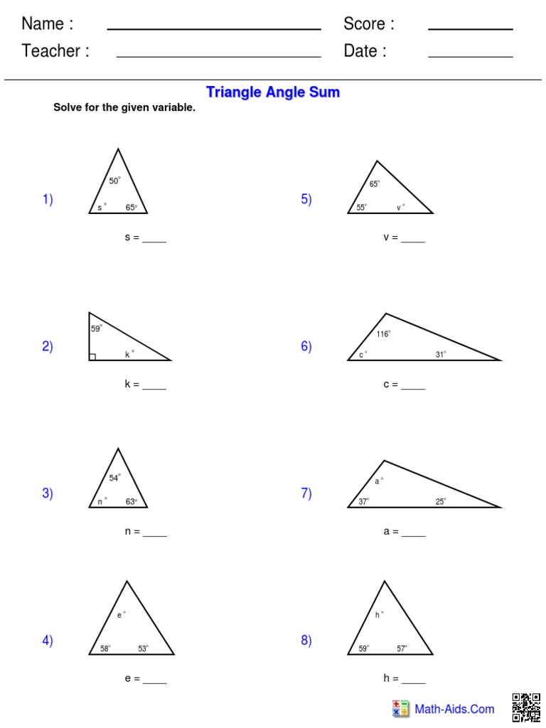 Name: Teacher: Date: Score:: Triangle Angle Sum | PDF