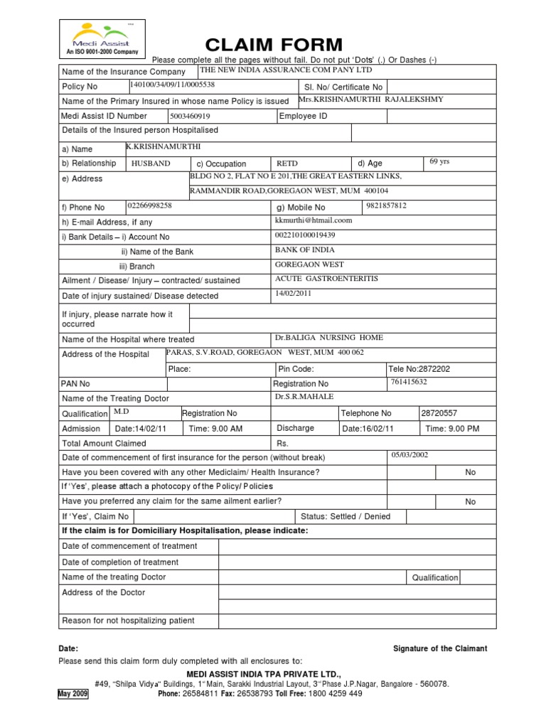Medi Assist Claim Form Instructions | PDF | Hospital | Patient