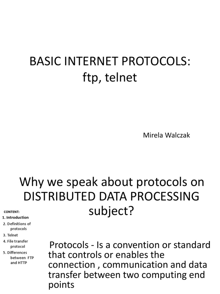 Basic Internet Protocols: FTP, Telnet: Mirela Walczak | PDF | File Transfer Protocol | Network ...