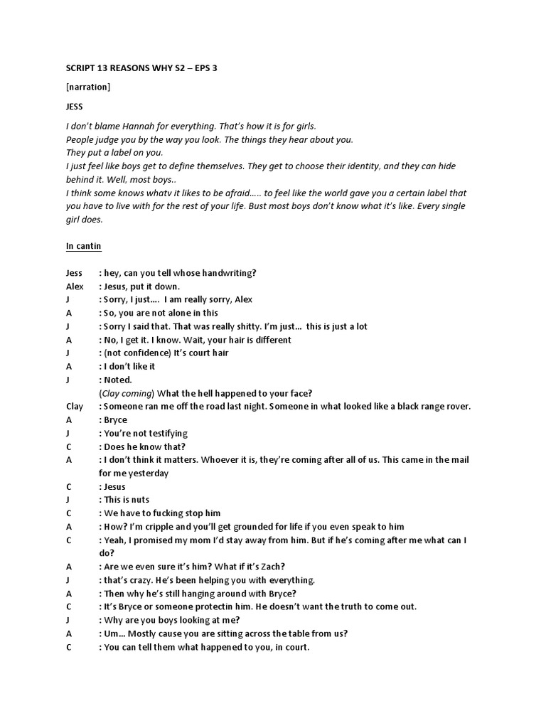 13 Reasons Why S2E3 Script Analysis | PDF | Jealousy