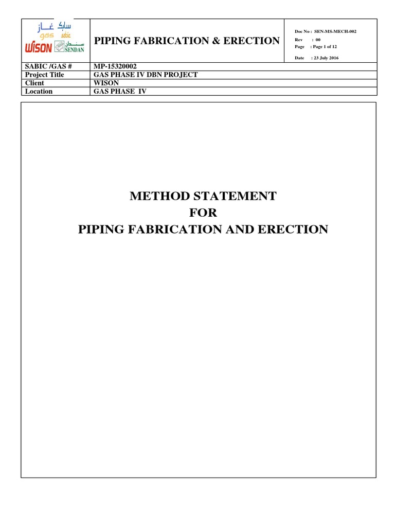 Method Statement FOR Piping Fabrication And Erection | Annealing ...