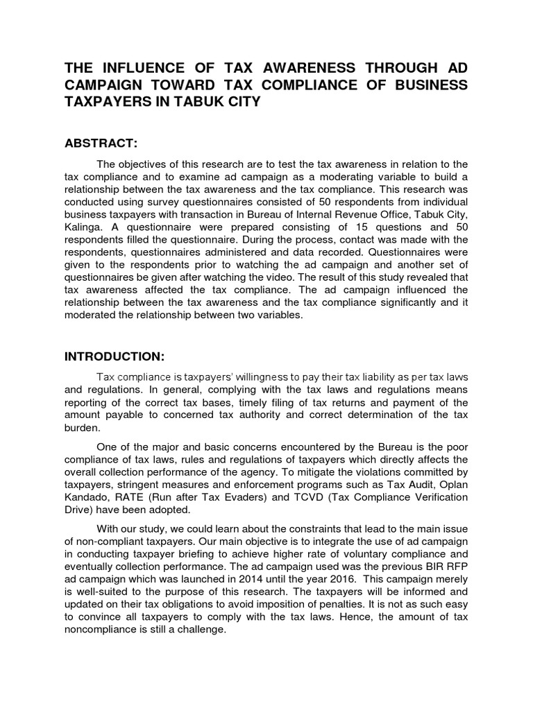 Research Paper - Influence of Tax Awareness PDF | PDF | Survey ...