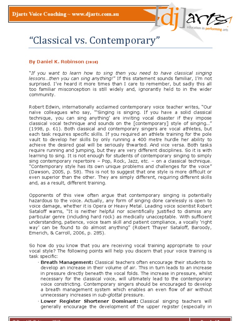 Classical Vs Contemporary | PDF | Vocal Pedagogy | Singing