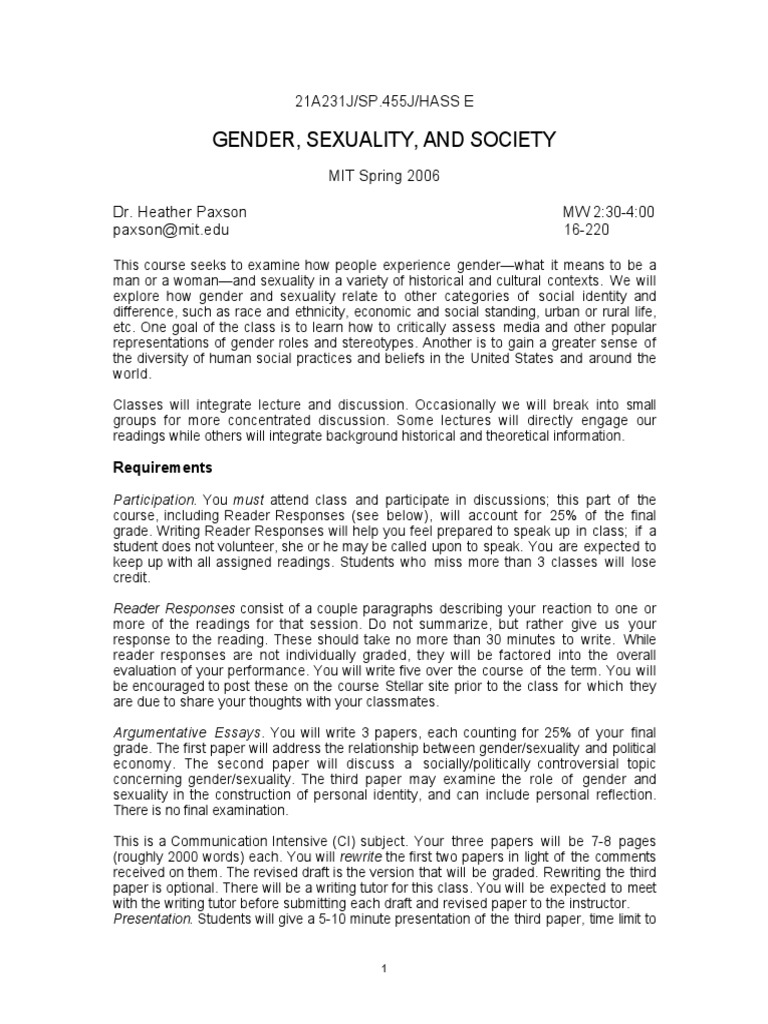 Gender, Sexuality, and Society: 21A231J/SP.455J/HASS E | PDF | Gender ...