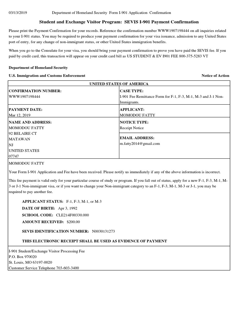 SEVIS I-901 Payment Confirmation Receipt | PDF | Service Industries ...