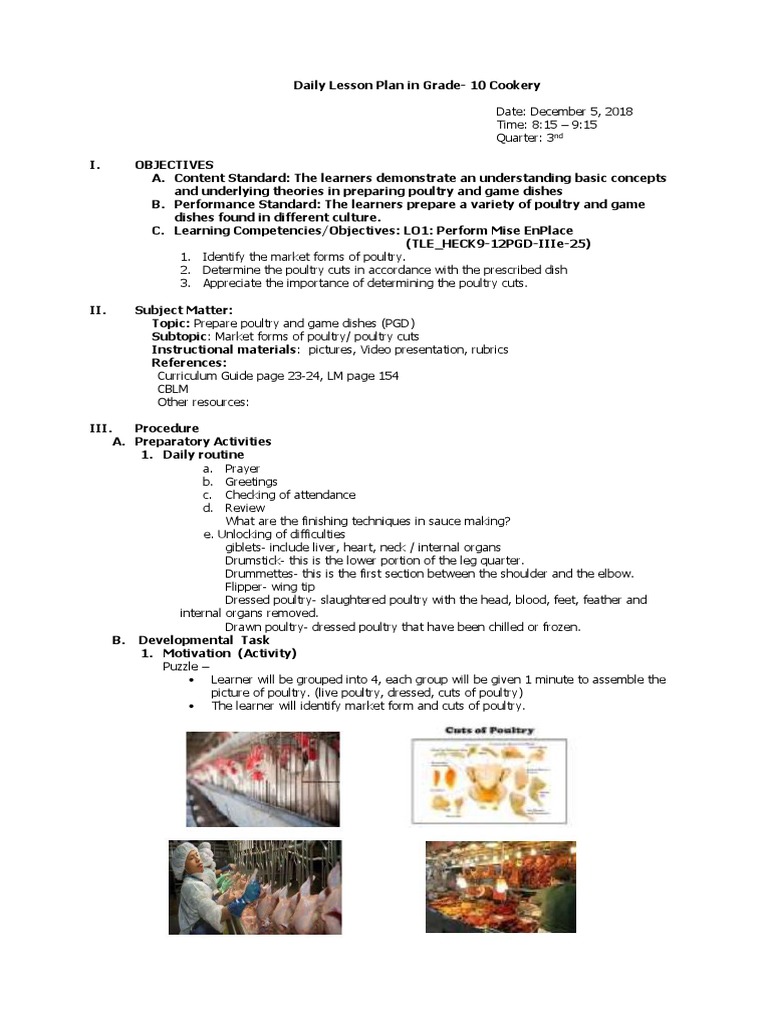 Lesson Plan Cookery 10 Market Form and Cut of Poultry | Poultry ...