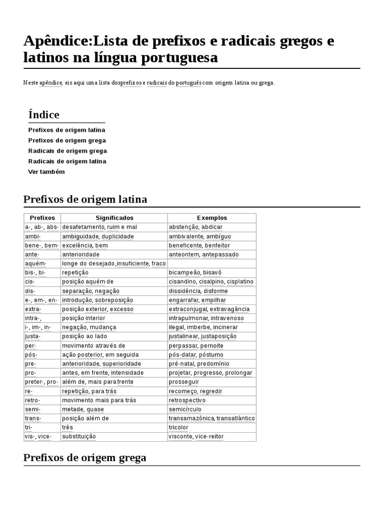Lista de Prefixos e Radicais Gregos e Latinos Na Língua Portuguesa ...