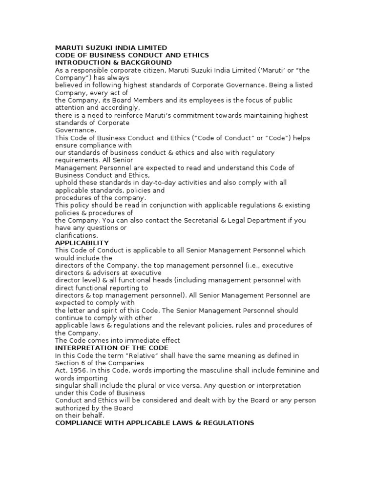 Maruti Suzuki Code of Conduct Overview | PDF | Employment | Integrity