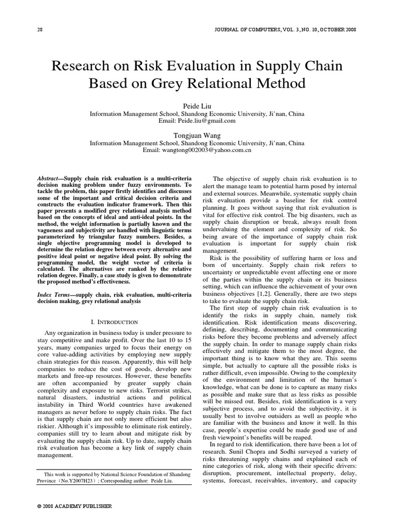 Research On Risk Evaluation in Supply Chain Based On Grey Relational ...