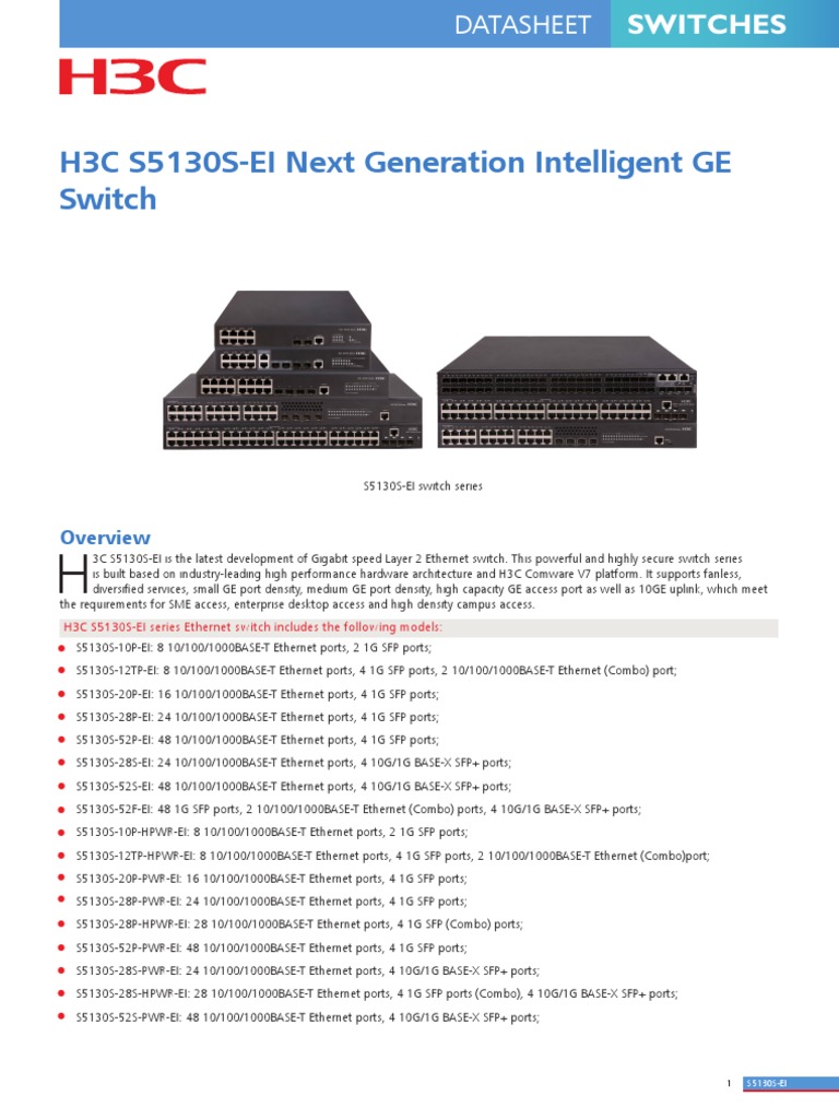 H3C S5130S-EI Next Generation Intelligent GE Switch Datasheet | PDF | Network Switch | Computer ...