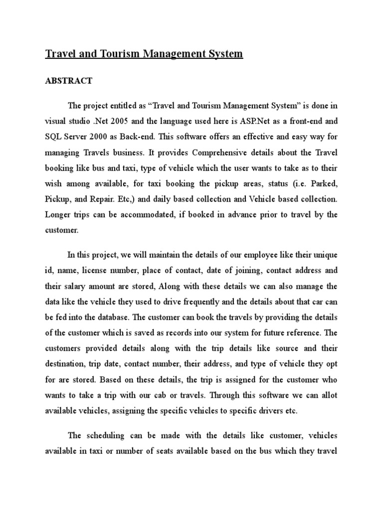 Travel and Tourism Management System Abstract | PDF | Taxicab ...