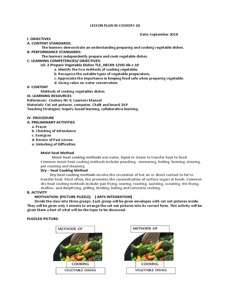 Lesson Plan In Cookery 10 Cooking Methods Of Vegetable Dishes PDF 