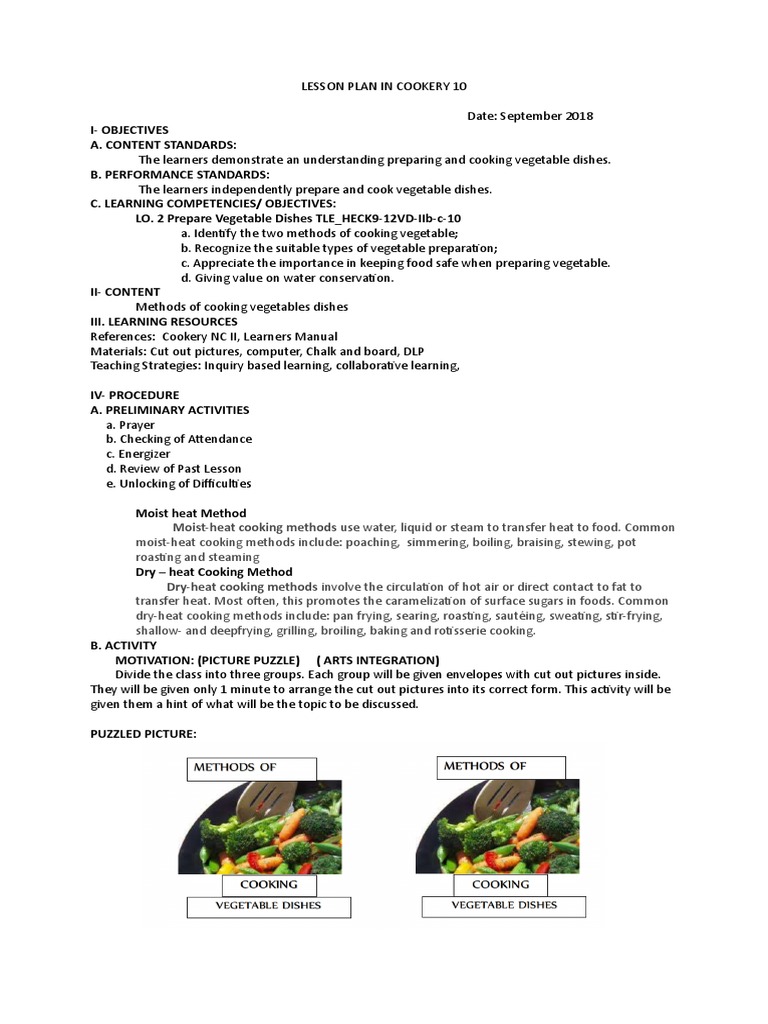 Lesson Plan in Cookery 10 Cooking Methods of Vegetable Dishes | PDF ...