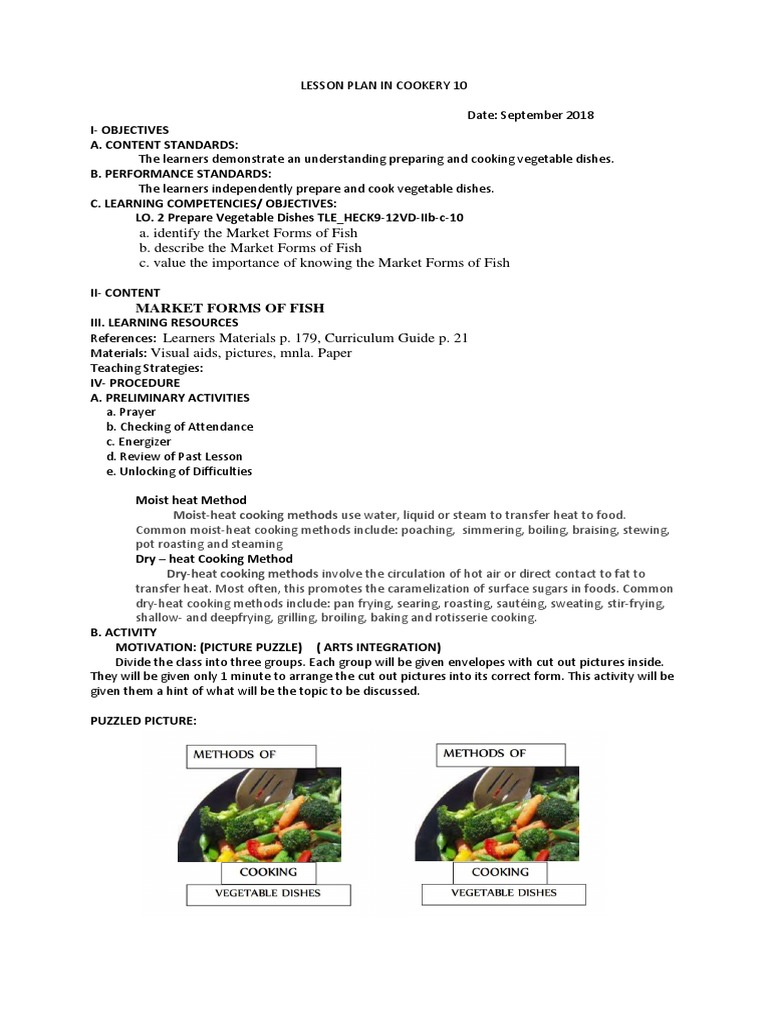 Lesson Plan in Cookery 10 Cooking Methods of Vegetable Dishes | PDF ...