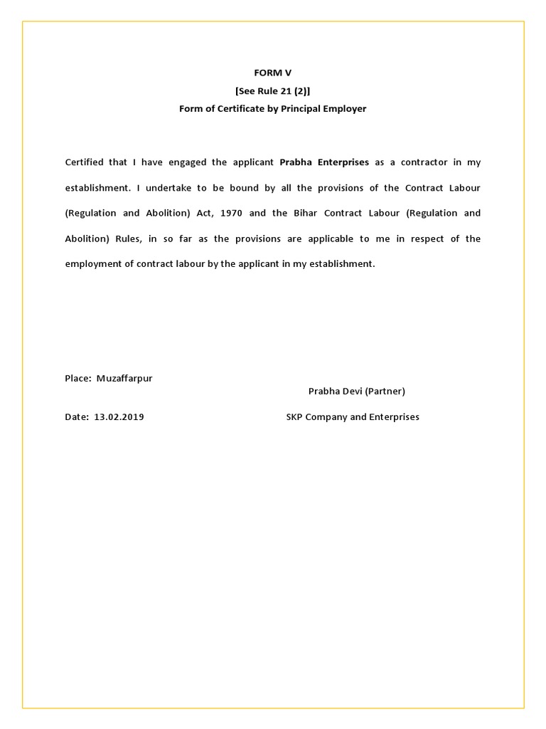 Form V (See Rule 21 (2) ) Form of Certificate by Principal Employer | PDF