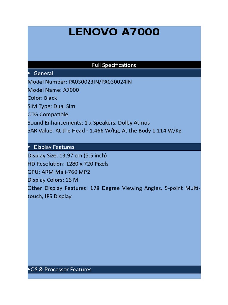 LENOVO A7000: Full Specifications General | PDF | 4 G | Lte ...