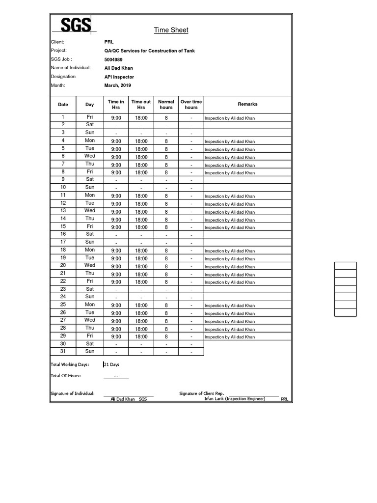Time Sheet: PRL QA/QC Services For Construction of Tank 5004989 Ali Dad ...